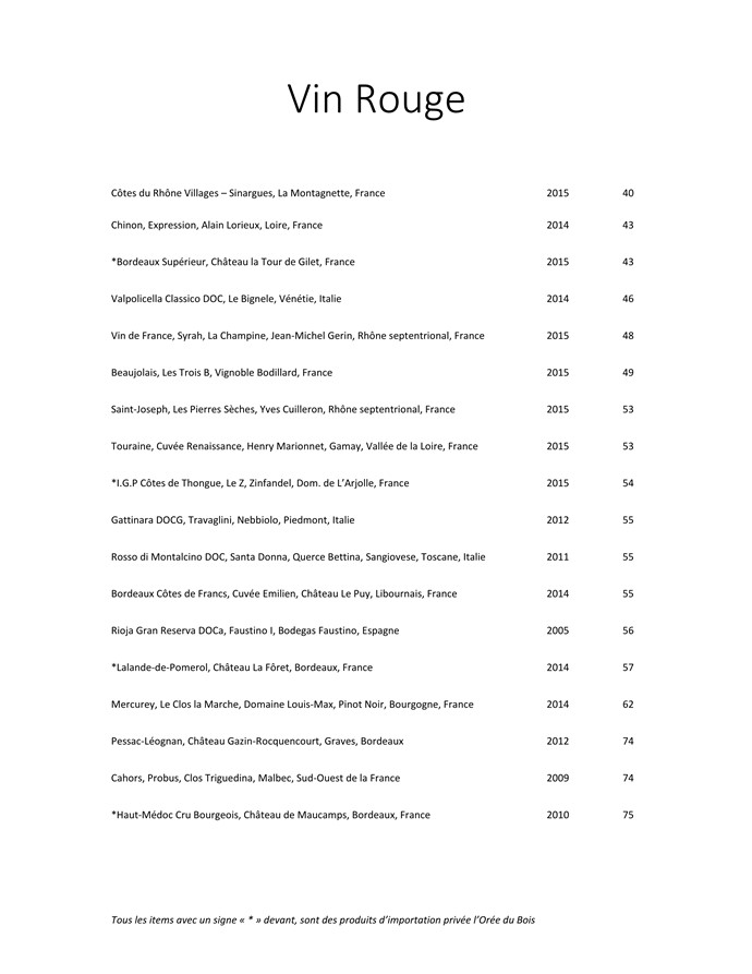 Carte des vins